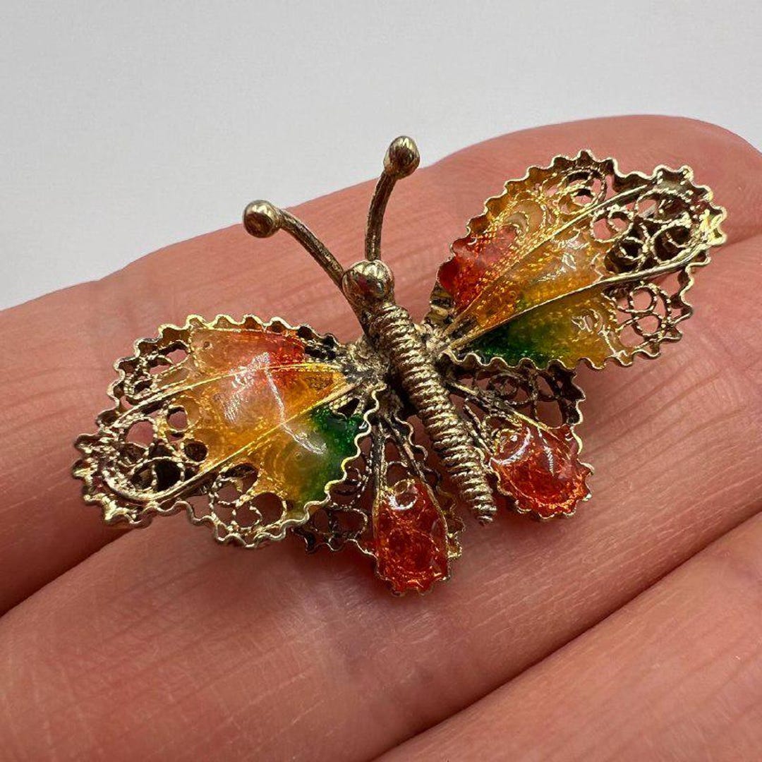 Antique Italian Filigree Butterfly Brooch: Gilt Silver 800 Enamel - Etsy