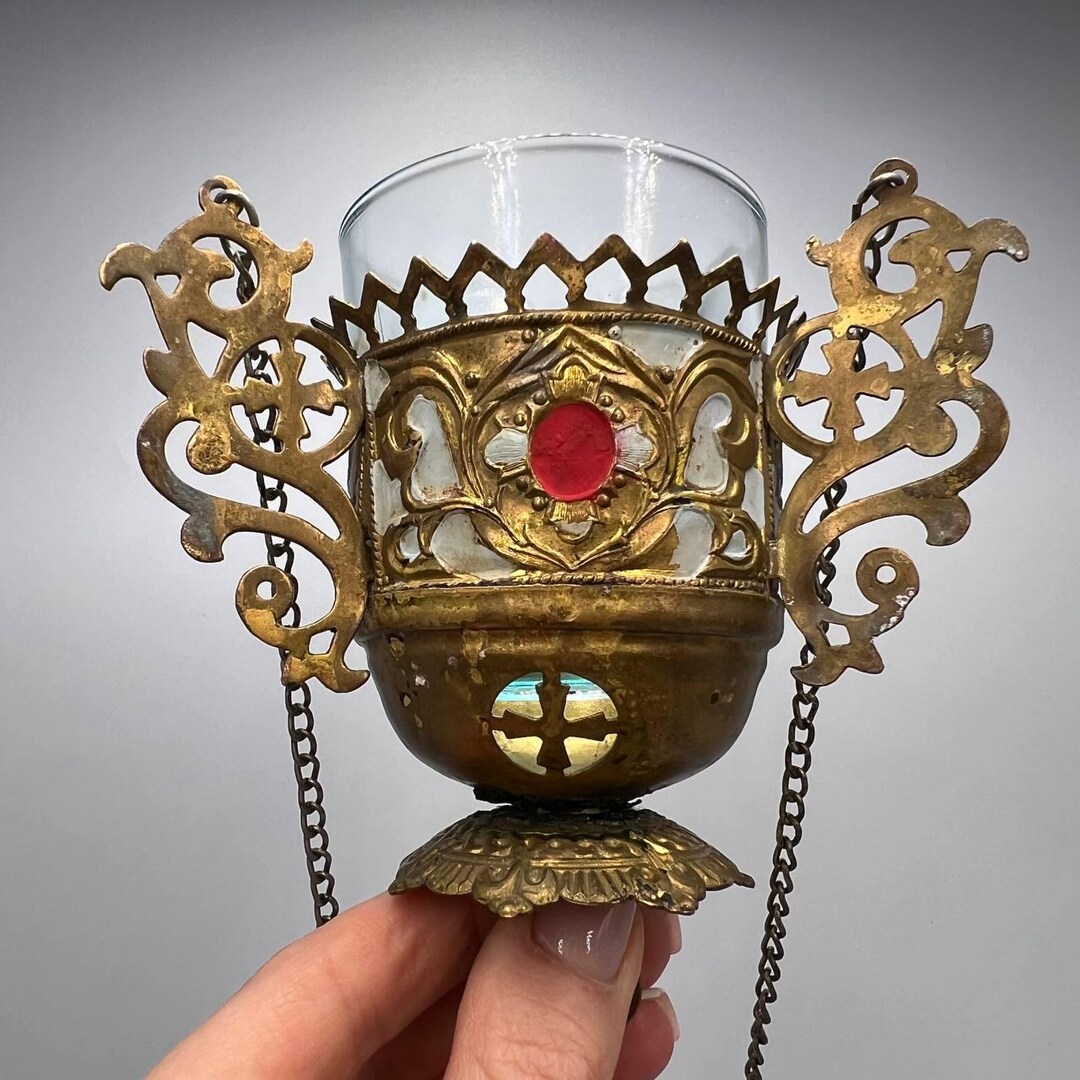 Antique Aluminum Lampada Lamp for Icon Blue Glass Christian Church ...