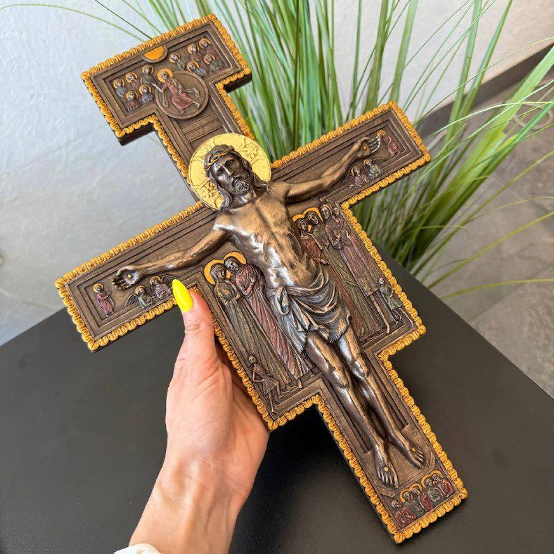 Large San Damiano Crucifix Wall Cross Bronze Finish Jesus Religious ...