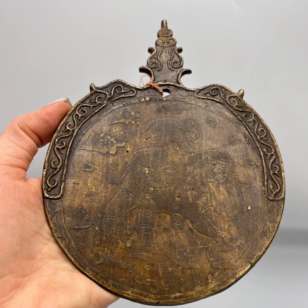Heavy Antique Indian Cast Bronze Temple Hand Gong Engraved Elephant ...