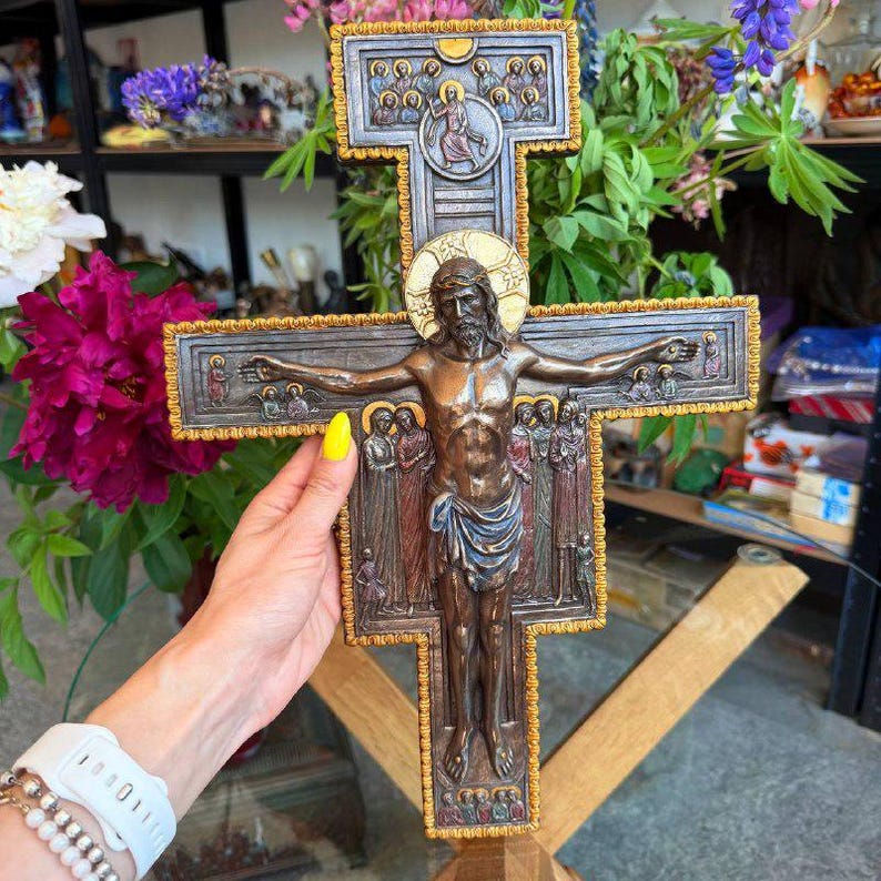 Large San Damiano Crucifix Wall Cross Bronze Finish Jesus Religious ...