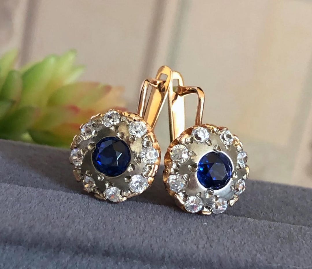 1991 Vintage Soviet 14K 585 Gold Sapphire Earrings, USSR "malinki ...