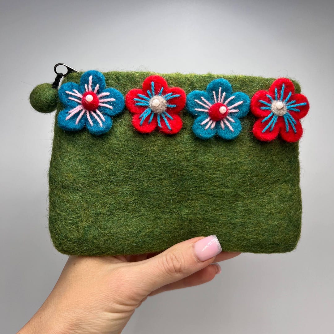Handmade Felt Wool Coin Purse Green Floral Embroidered Nepal Gift - Etsy UK