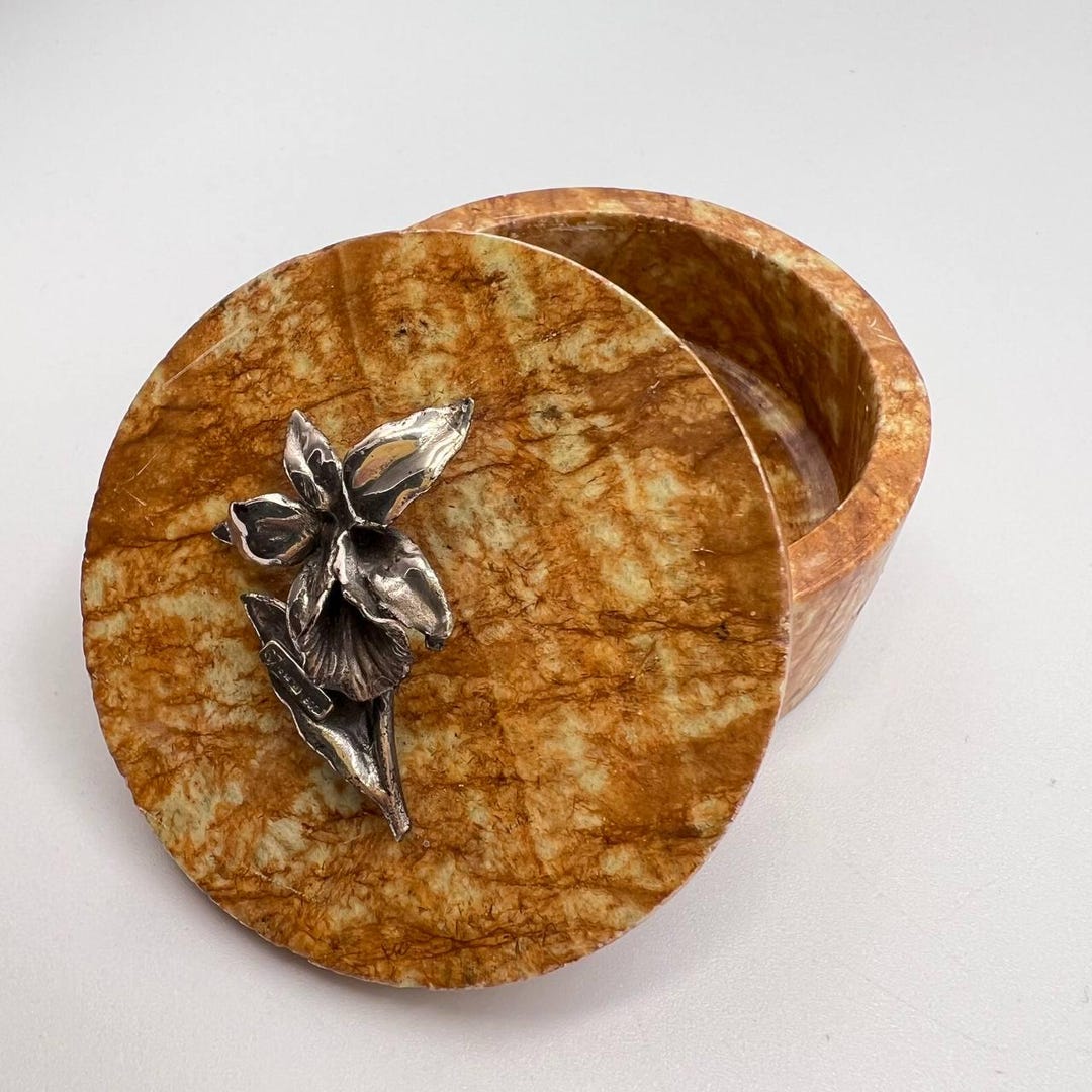 Vintage Silver 800 Trinket Box With Orchid – Natural Yellow Stone Italy ...