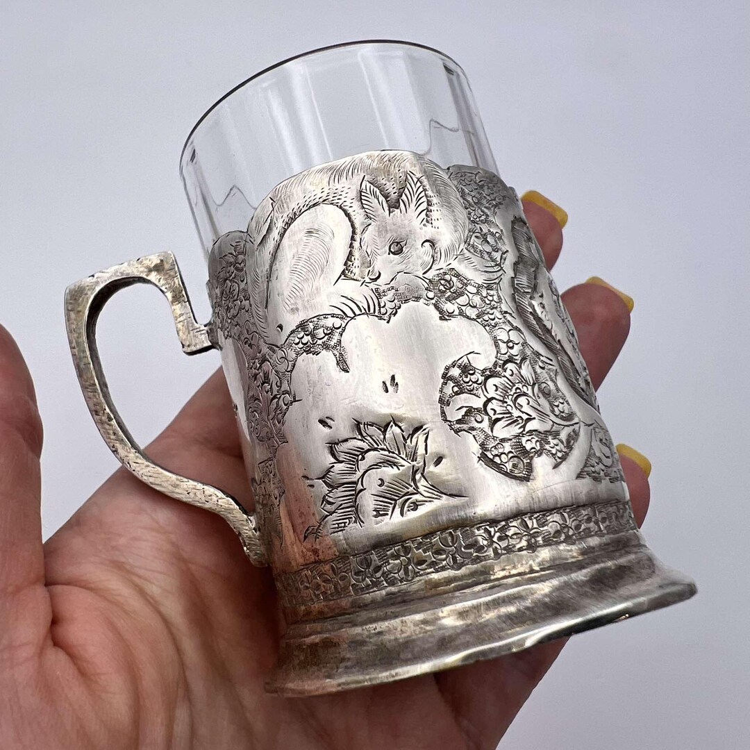 Antique Persian Hand Carved Coffee Silver Glass Cup Holder Middle East ...