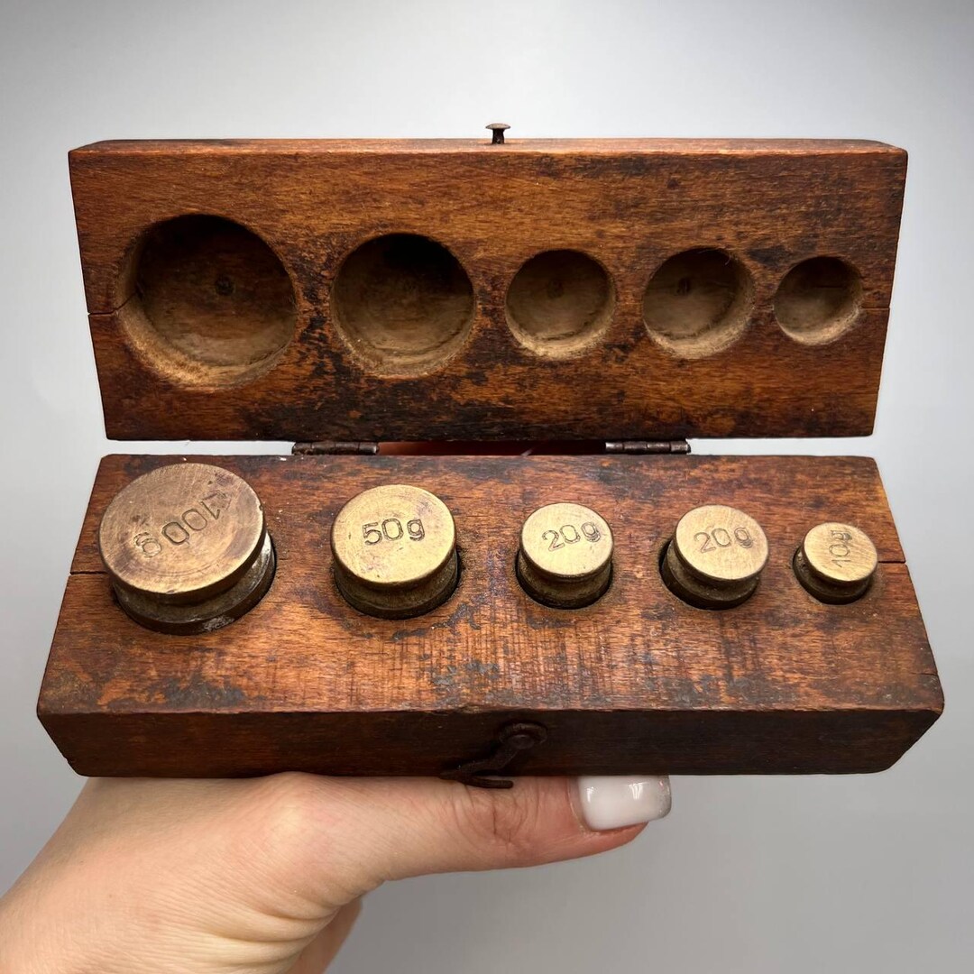 Full Set of Antique Measurement Brass Scale Weights Wood Storage Box ...
