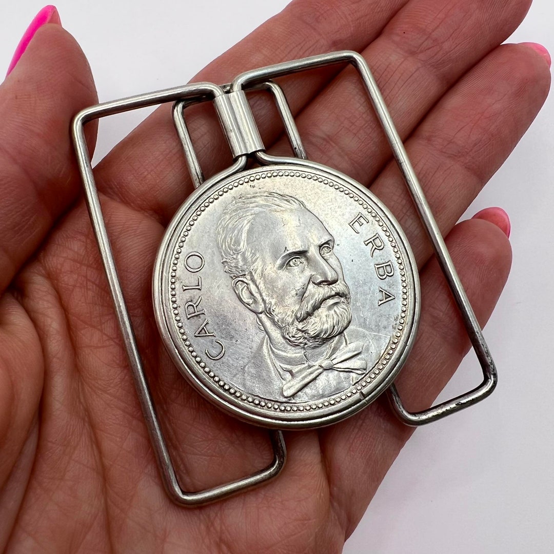 1950 Vintage Silver 800 Hand Made Money Clip Coin Marked Italy 36.6 Gr ...