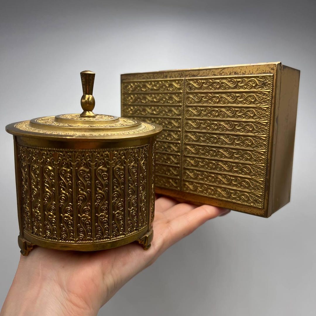 Vintage Erhard & Sohne Embossed Cigarette Box Set, Gilded Metal - Etsy