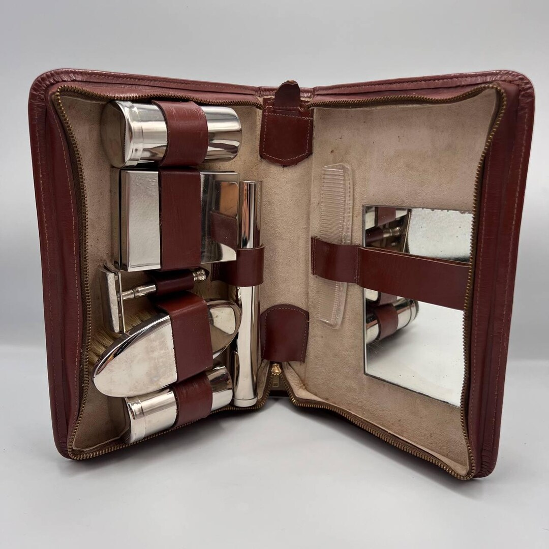 1960's Vintage Men's Dressing Razor Travel Kit Leather Vanity Case ...