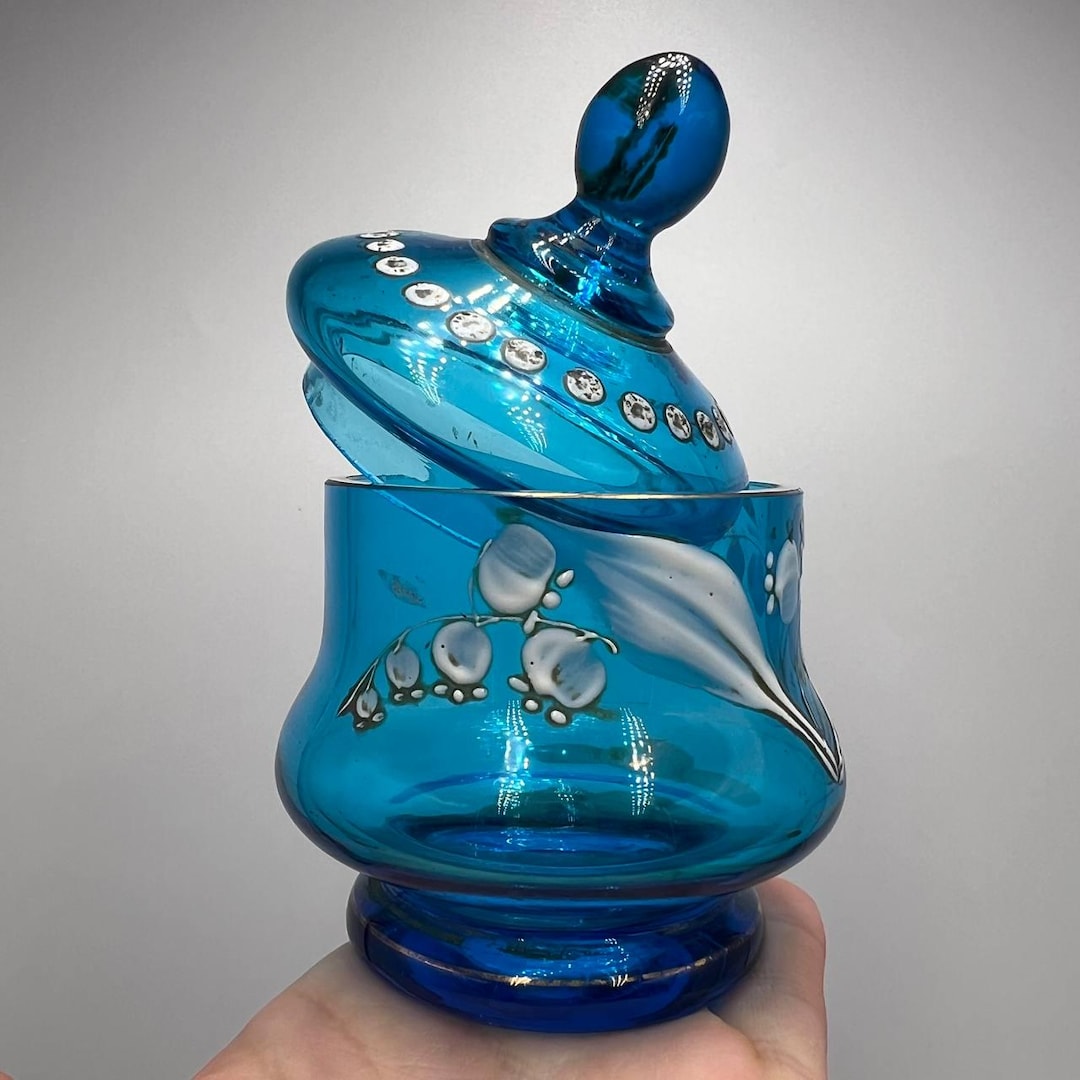 1900 Antique Imperial Turquoise Art Glas Candy Jar Trinket Jewelry Box ...