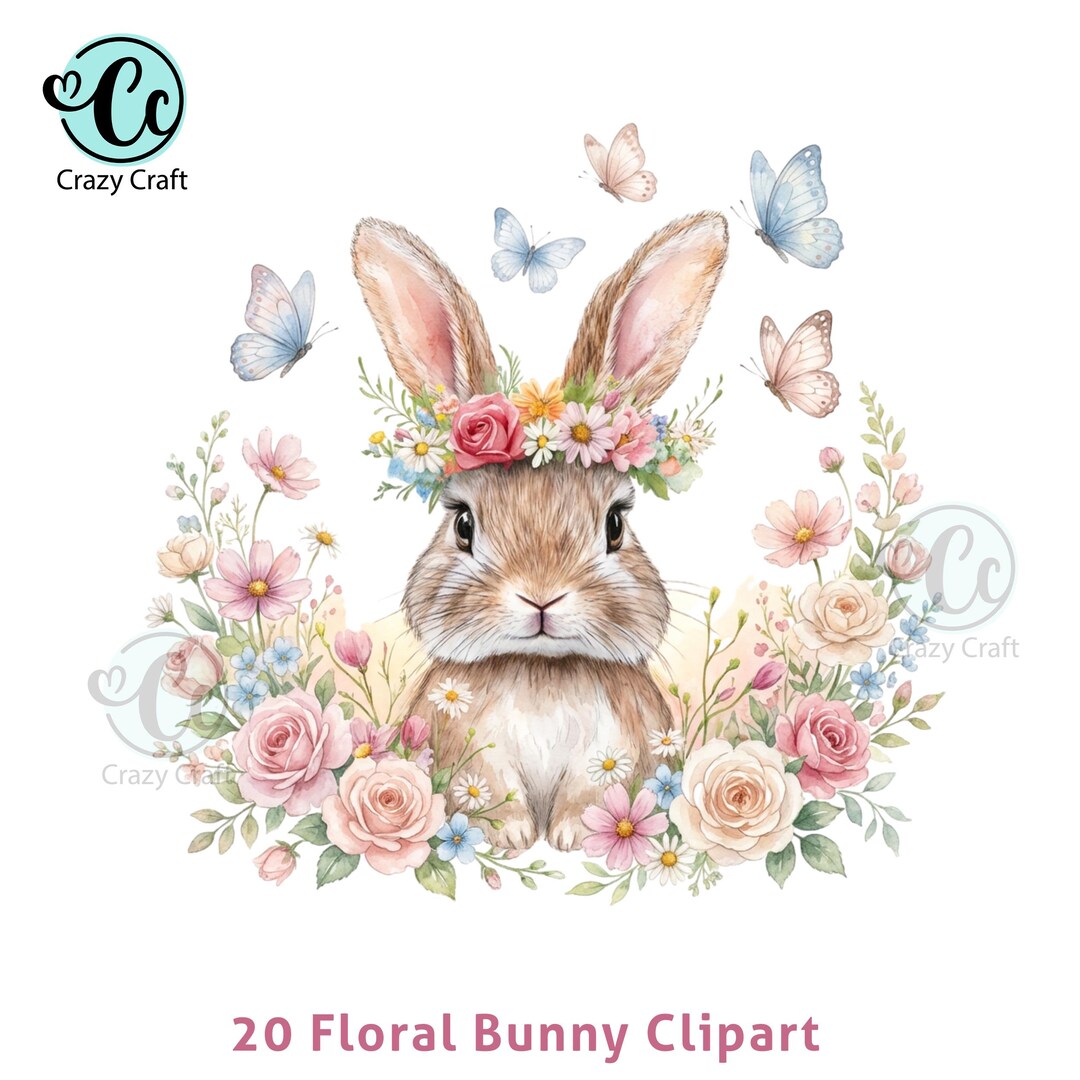20 Watercolor Easter Bunny Clipart, Floral Bunny Clipart PNG, Printable ...