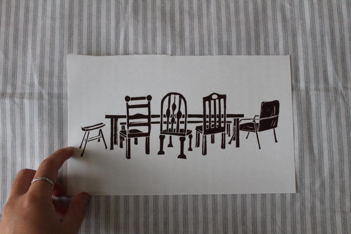 Linocut Art, Hand-printed Artwork, Table and Chairs Artwork, Home Decor ...