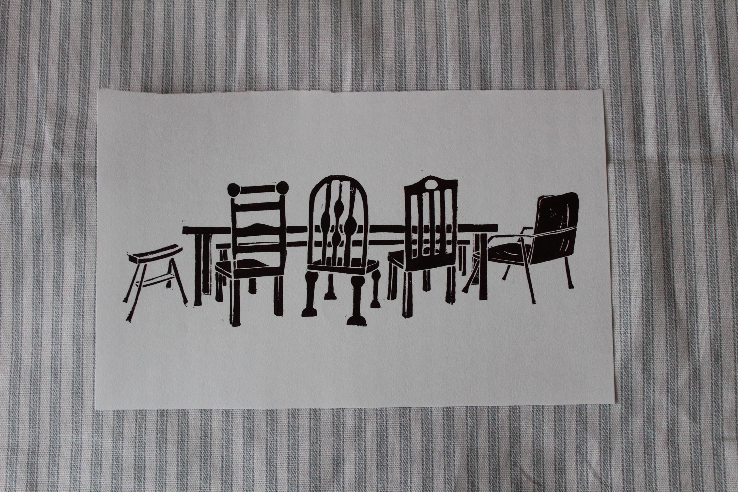 Linocut Art, Hand-printed Artwork, Table and Chairs Artwork, Home Decor ...