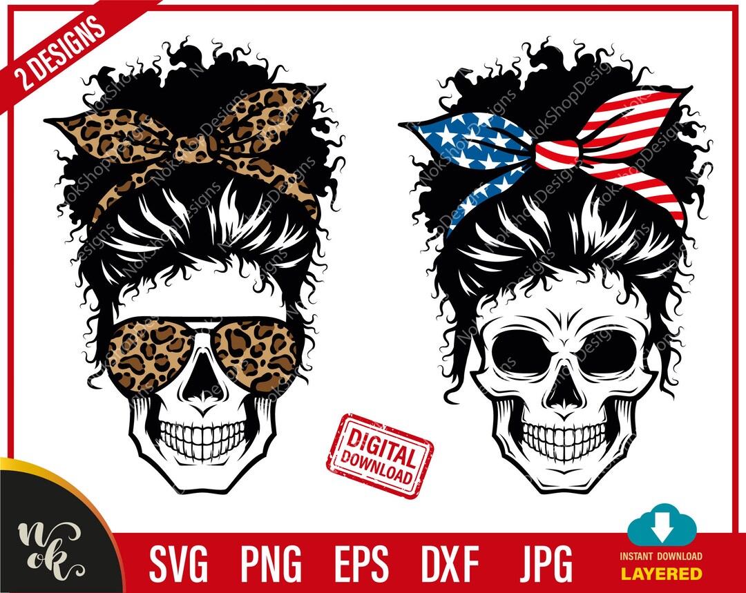 Calavera con moño desordenado Svg, calavera de mamá en capas Svg, moño ...