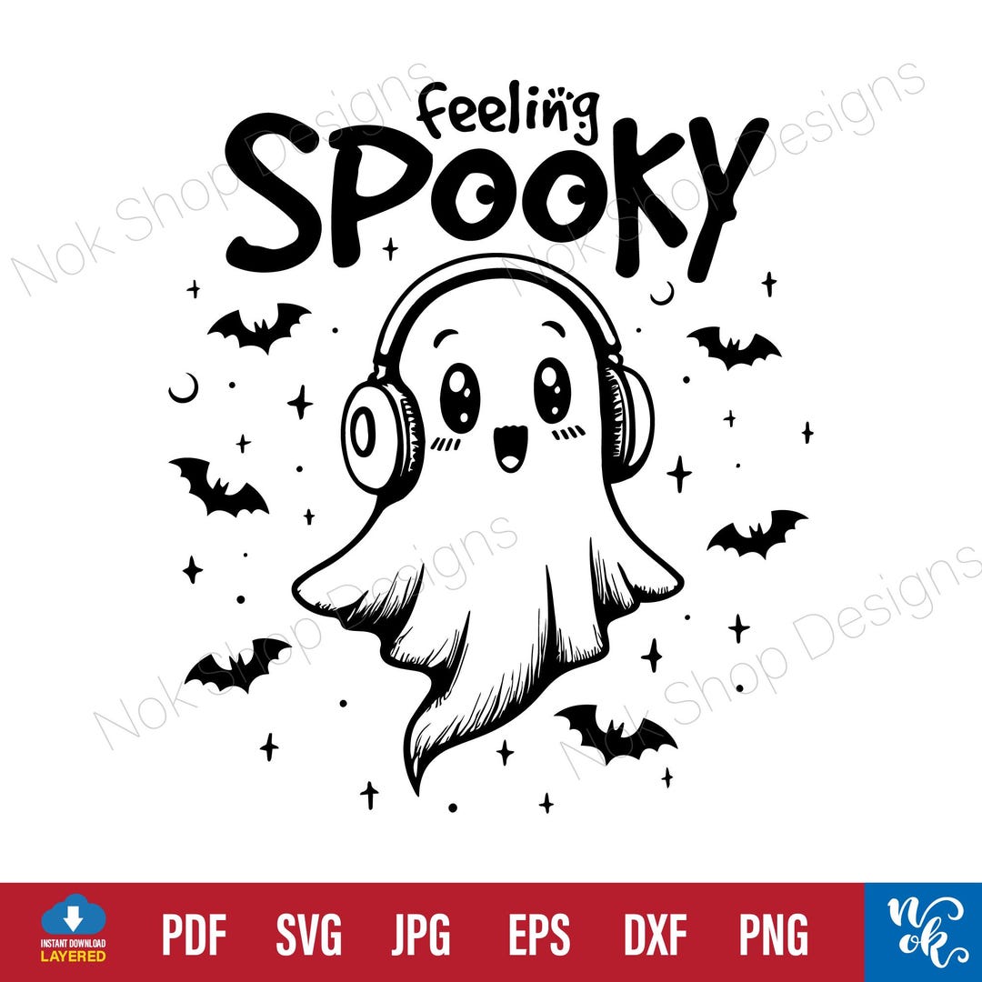Cute Ghost Svg, Feeling Spook Svg Png, Ghost With Headphones Svg, Music ...
