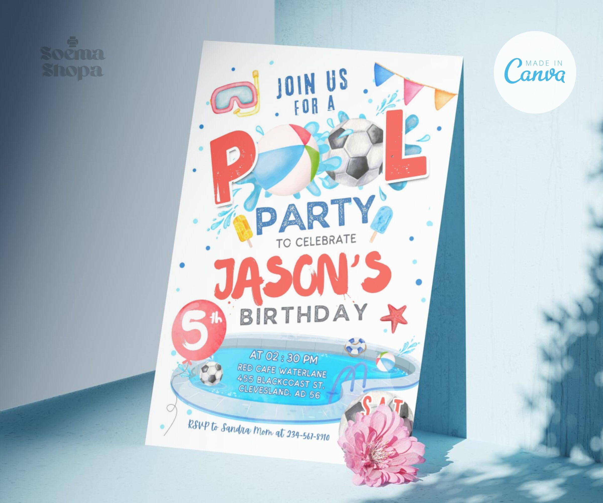 Pool Party Birthday Invitation, Football Invitations, Soccer Birthday ...