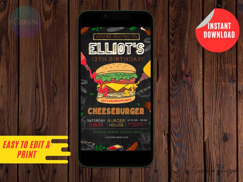 Cheeseburger Birthday Party Invitation: Editable Phone Template ...