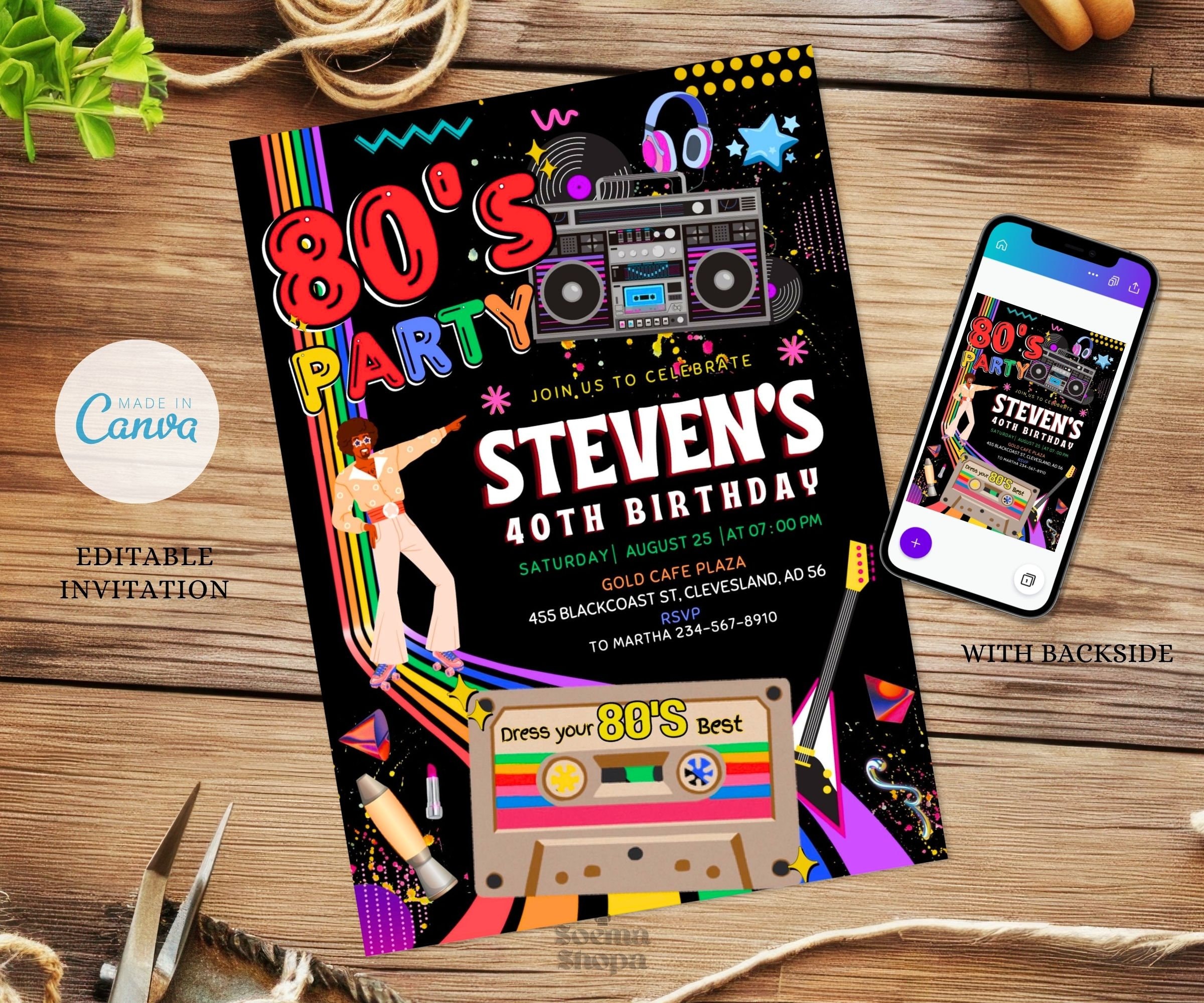 80s Retro Party Invitation Template, Editable Canva, Personalized ...