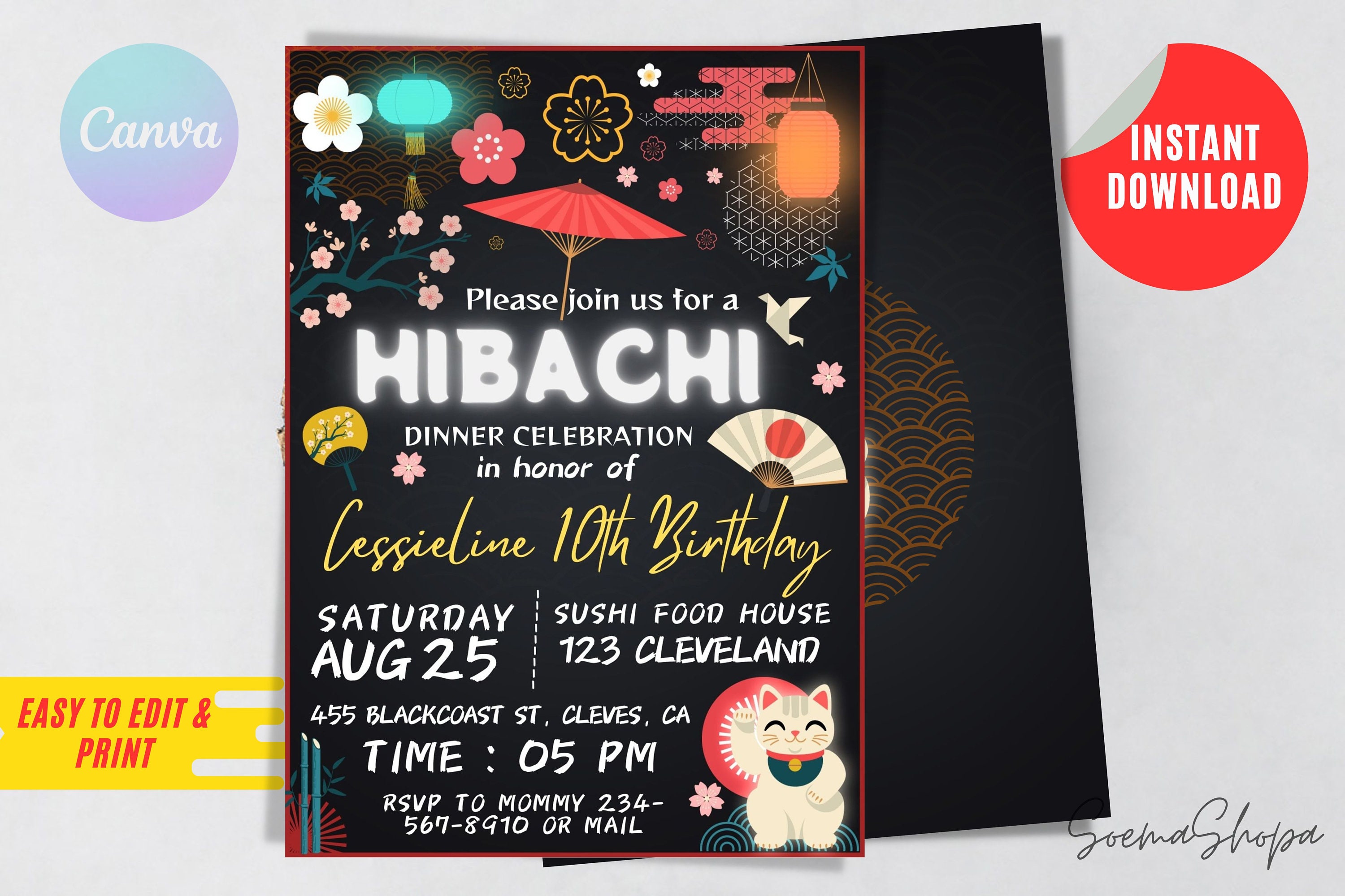 Editable Japanese Digital Invitation Party File, Hibachi Birthday Theme ...