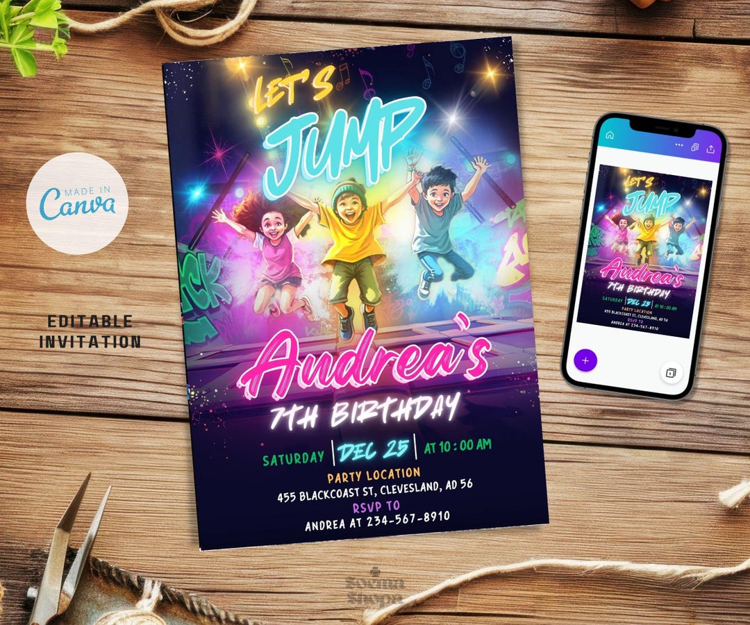 Editable Trampoline Glow Party Invitation - Personalized Jump Birthday ...