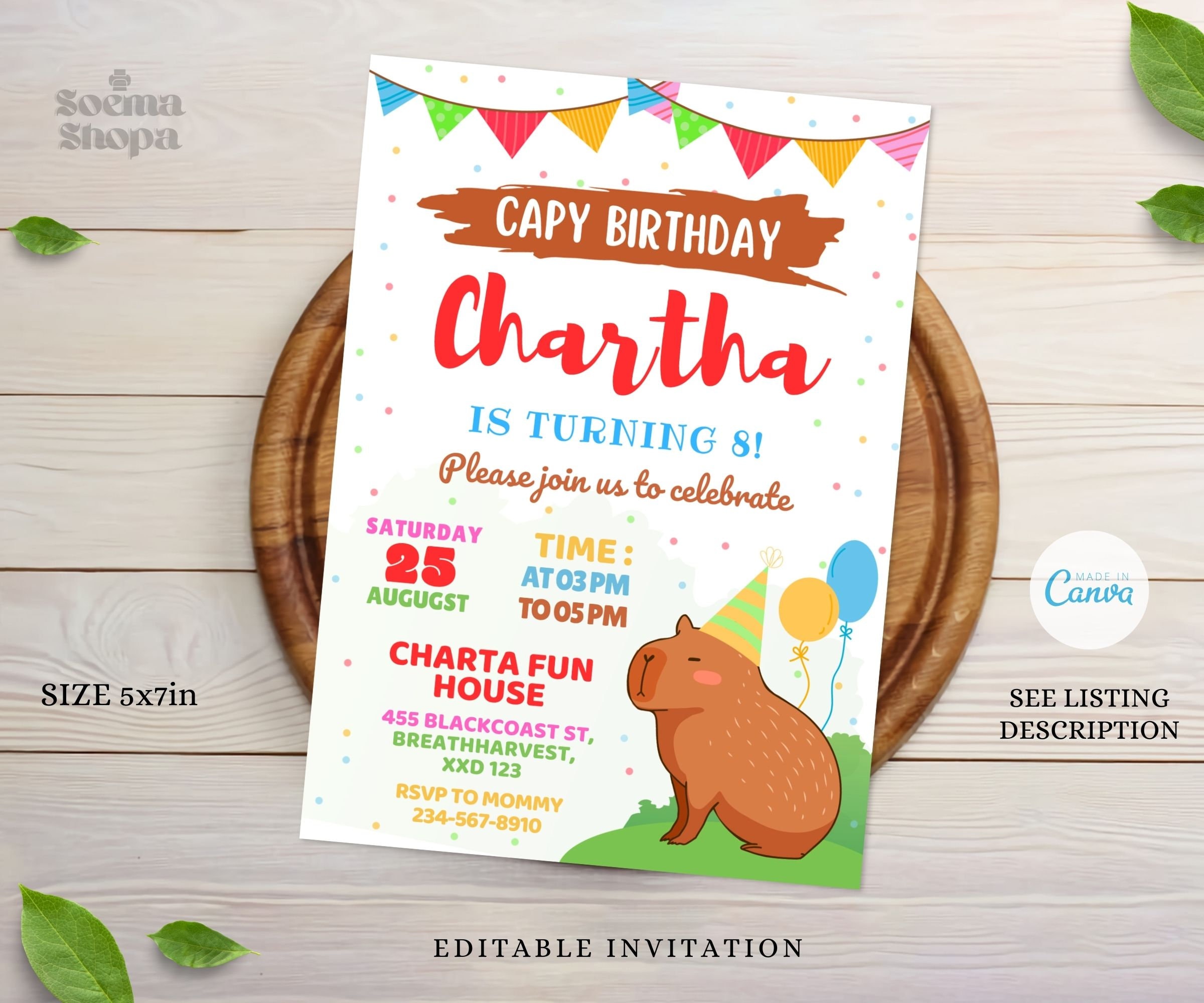 Invitación de cumpleaños de Capy editable, invitación de fiesta de ...