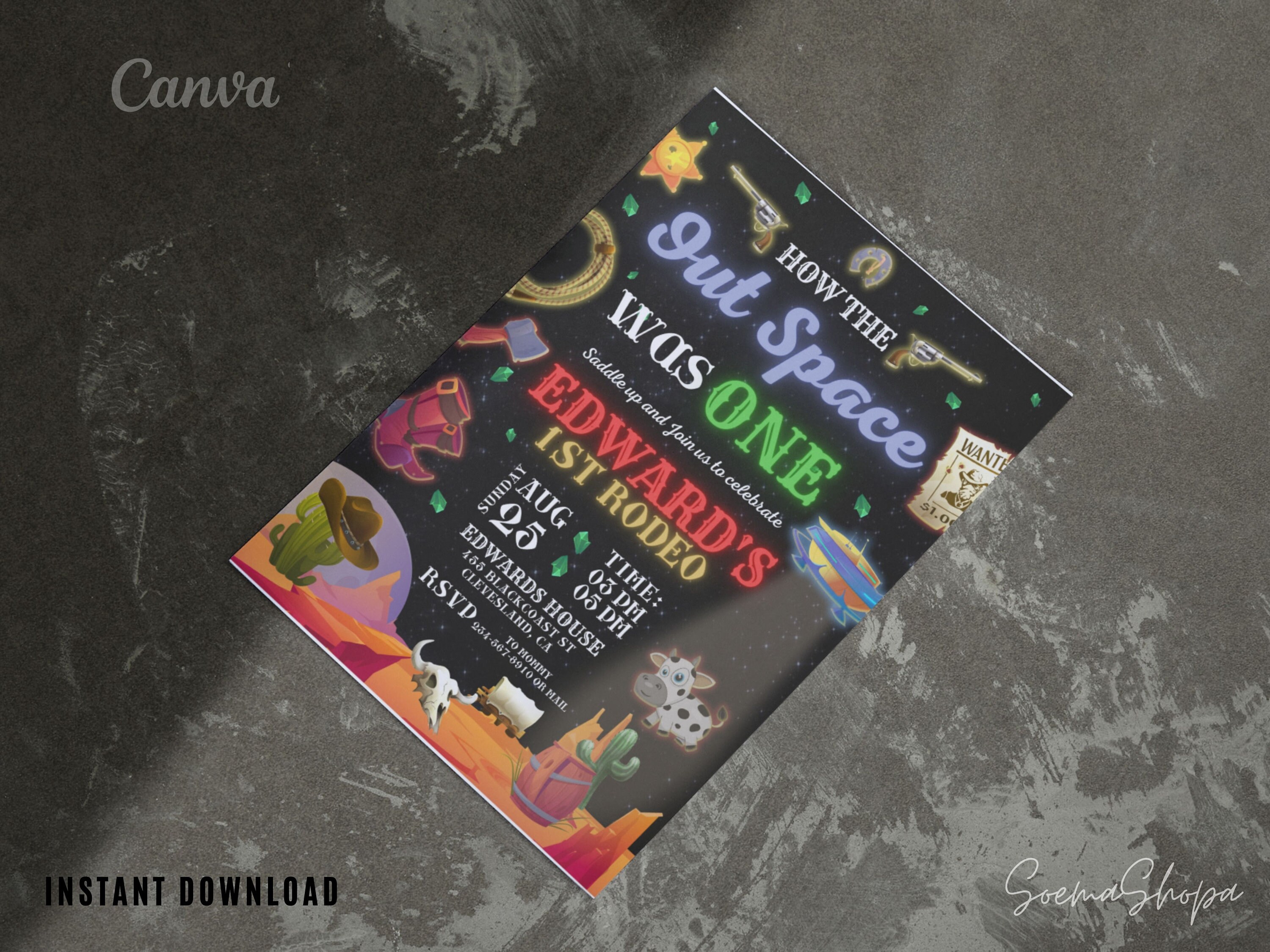 Space Cowboy Birthday Invitation: First Rodeo, Canva Editable (instant ...