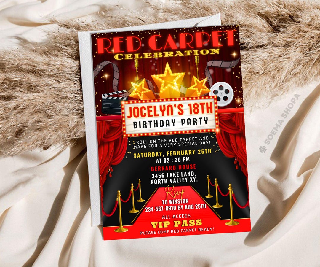 Red Carpet Birthday Party Invitation: Movie Theme (canva Editable ...
