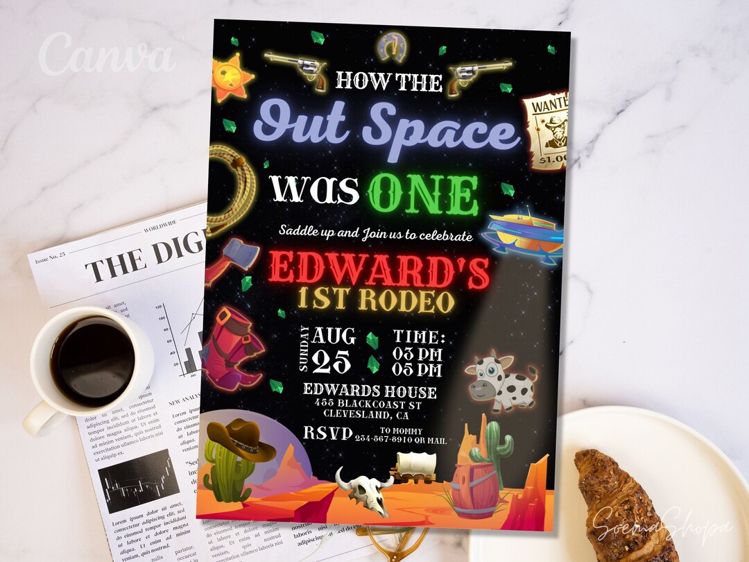 Space Cowboy Birthday Invitation: First Rodeo, Canva Editable (instant ...