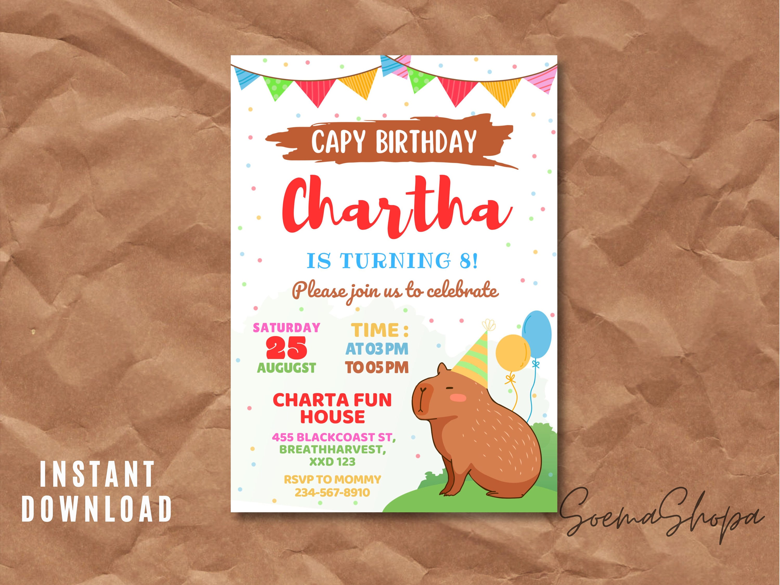 Invitación de cumpleaños de Capy editable, invitación de fiesta de ...