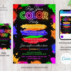 Rainbow Color Party Invitation: Editable Canva Template (instant ...