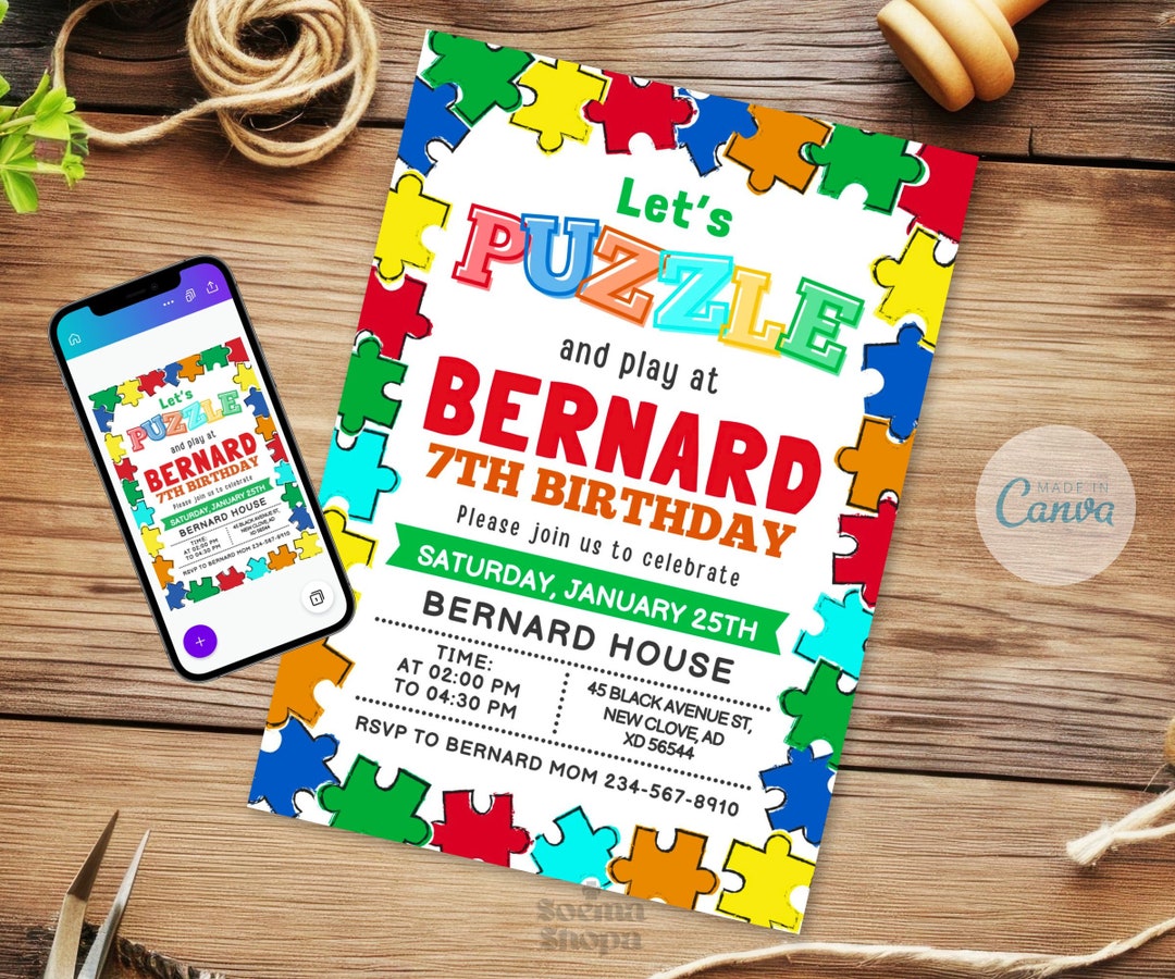 Puzzle Birthday Party Invitation: Editable Canva Template (digital ...