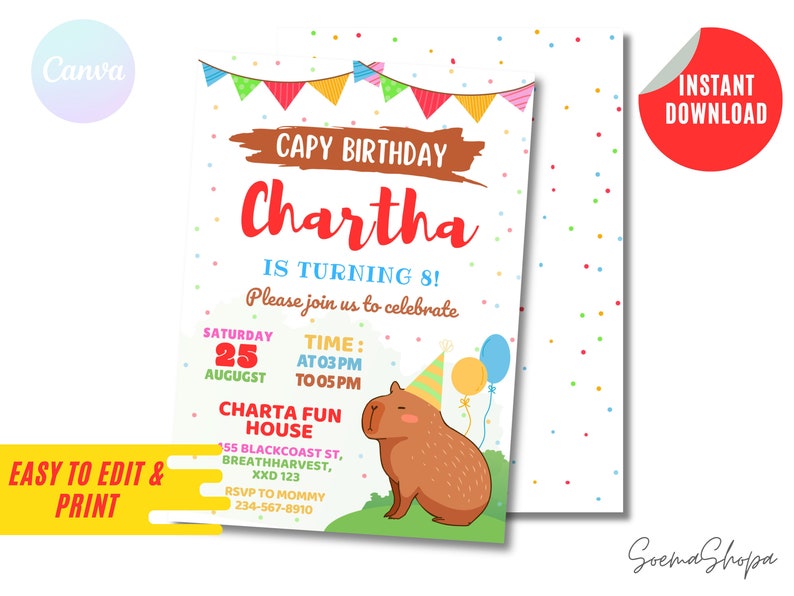 Editable Capy Birthday Invitation, Capybara Birthday Party Invitation ...