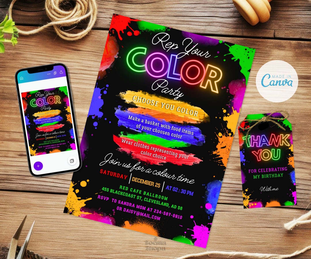 Rainbow Color Party Invitation: Editable Canva Template (instant ...