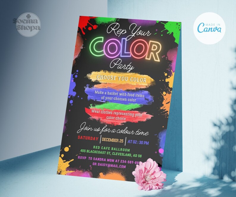 Rainbow Color Party Invitation: Editable Canva Template (instant ...