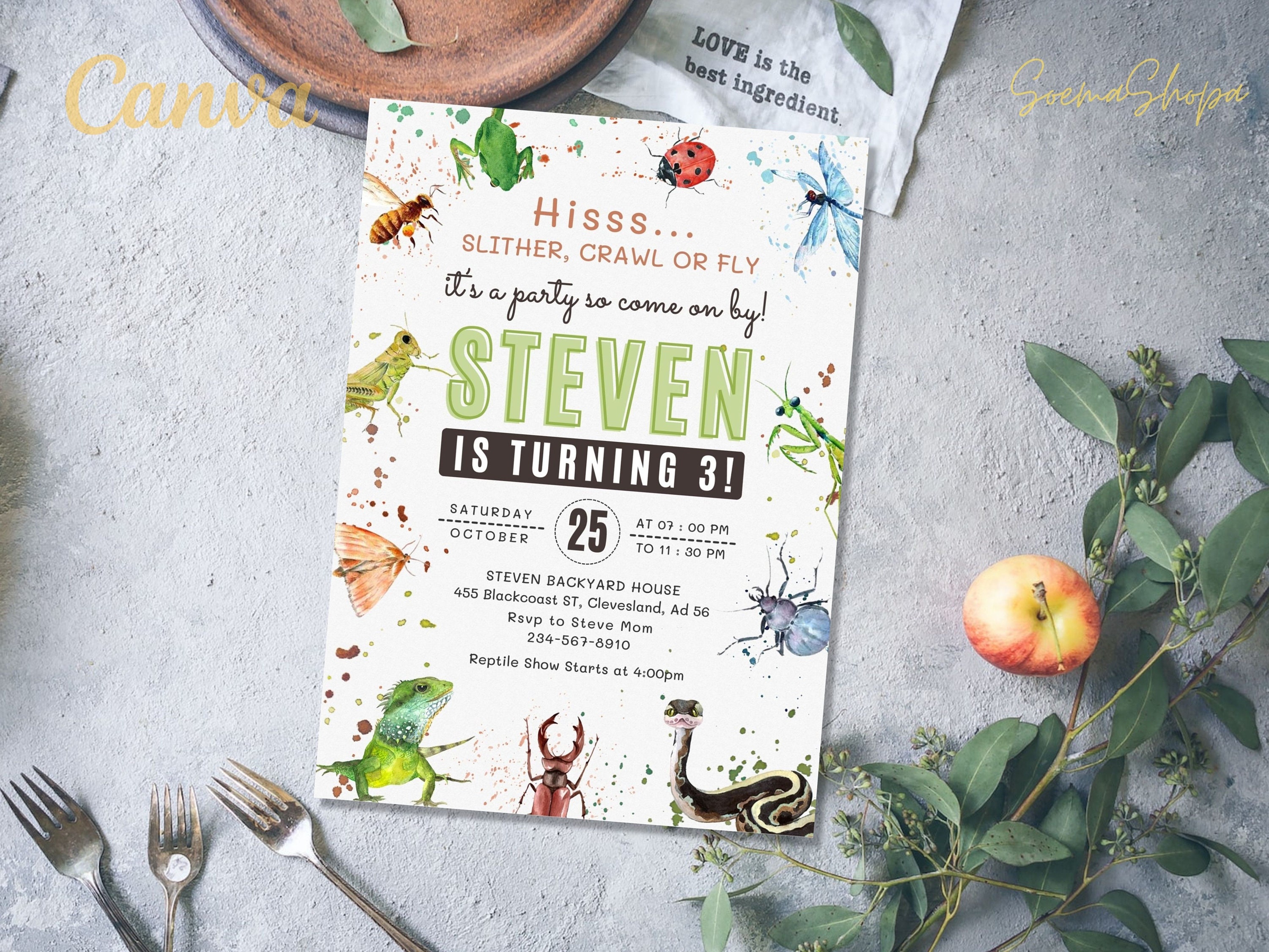 Reptiles Invitations, Insect Theme Party Ideas, Slither Birthday ...