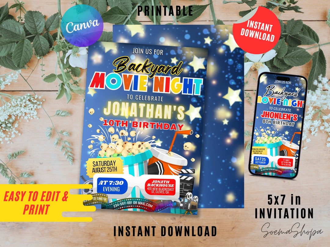 Movie Invitation, Backyard Movie Night Invitation, Movie Night Party ...