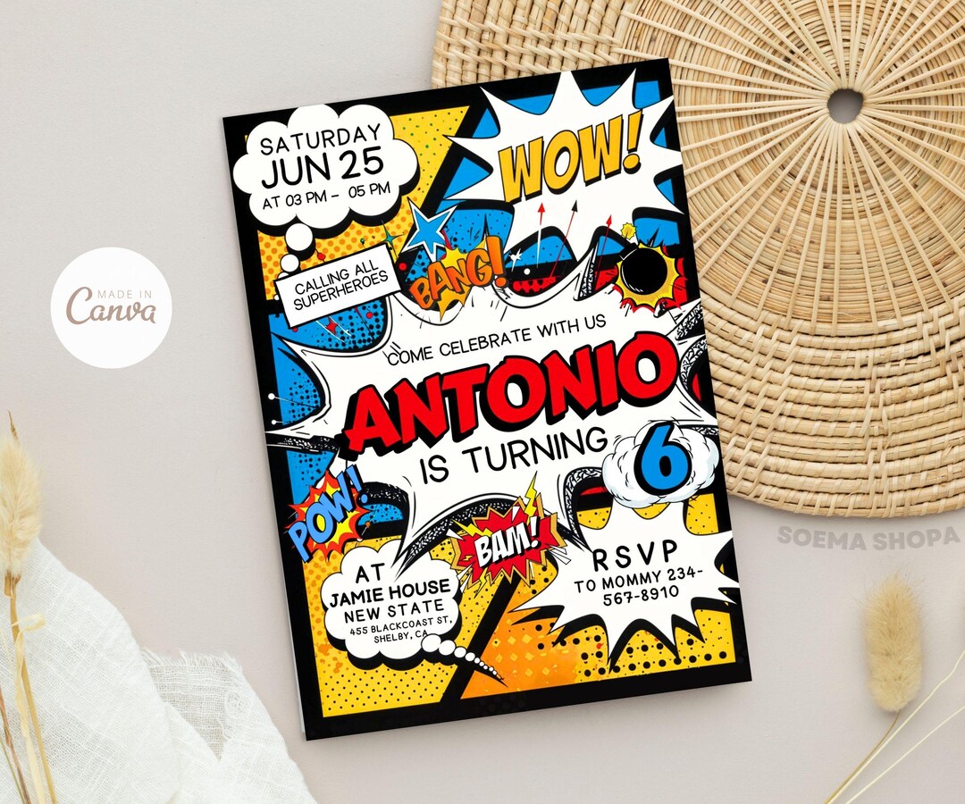 Comic Birthday Party Invitation Template, Superhero Comic Party, Comic ...