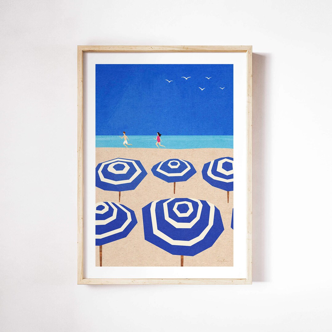 Parasols Print by Henry Rivers | Children and Blue Parasols on Beach ...
