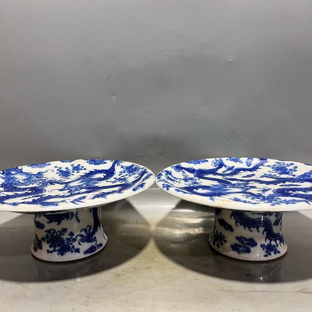 Pair of Exquisite and Rare Blue and White Dragon High Foot Plates With ...