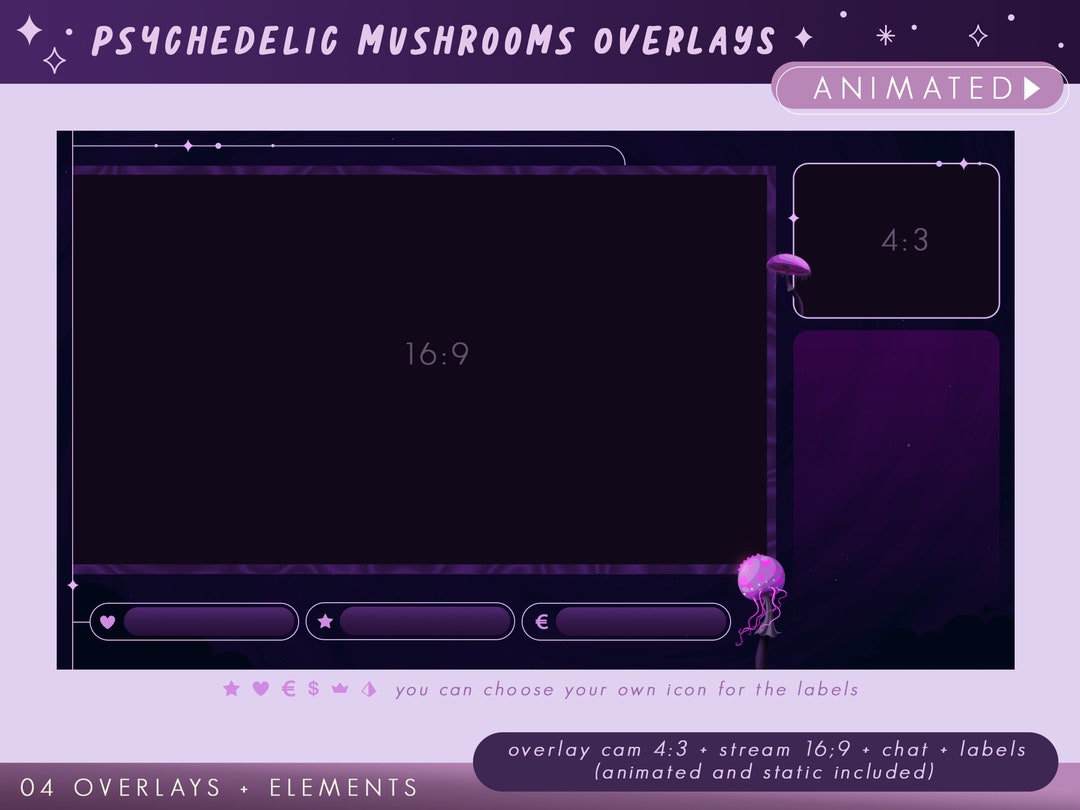 O-50 /04 Twitch Overlays and 17 Elements / Psychedelic Mushrooms Theme ...