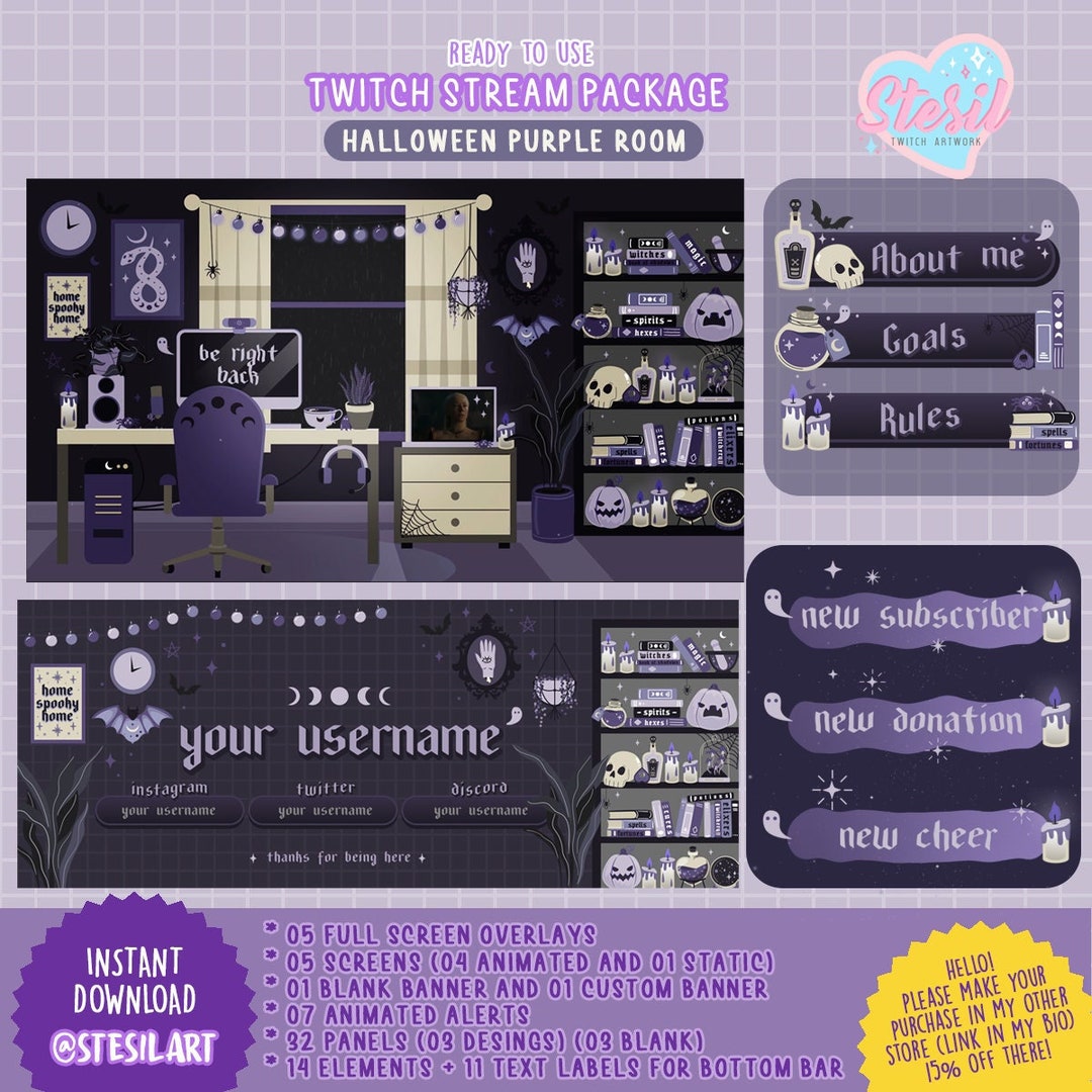 PK-38 / ANIMATED Twitch Stream Package / Purple Halloween Room Theme ...