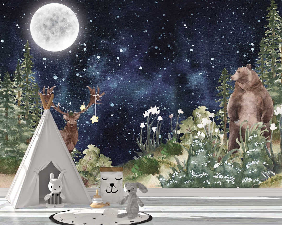 Bear Wallpaper - Forest at Night Landscape Wallpaper - Bear Deer and ...