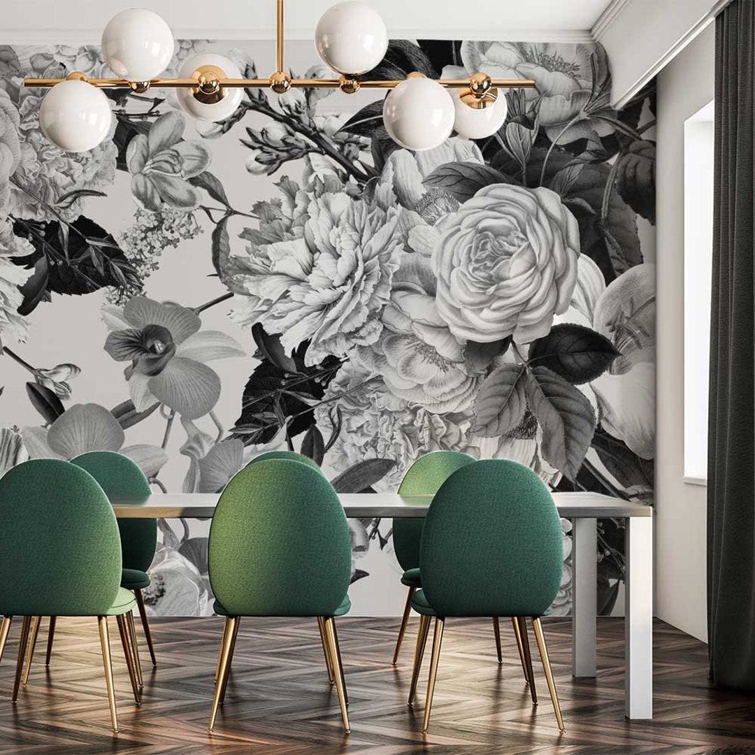 The Traditional Bouquet - Wallpaper Big Floral Print in Gray - Peel and ...