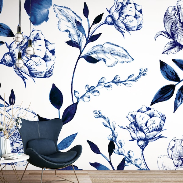 Blue Floral Wallpaper - Etsy