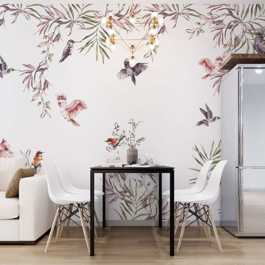 Birds and Leaves Wallpaper - Birds in the Nature Wall Mural - Forest ...