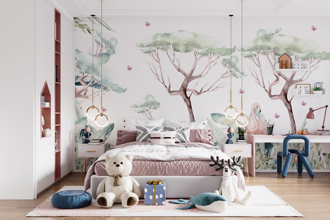Animals Wall Mural - Bunny Flamingo Butterflies Wall Decor - Spring ...