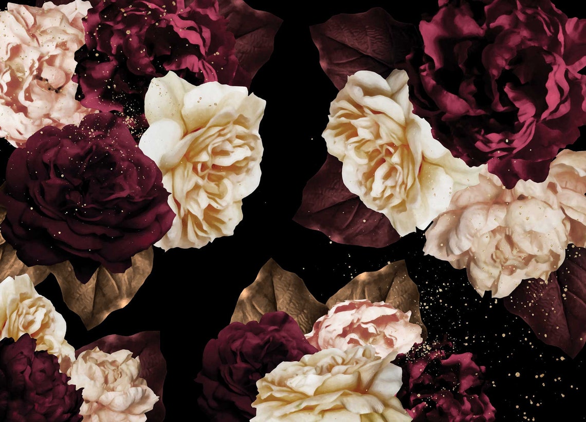Black Floral Wallpaper Big Flower Print Wall Mural Roses - Etsy