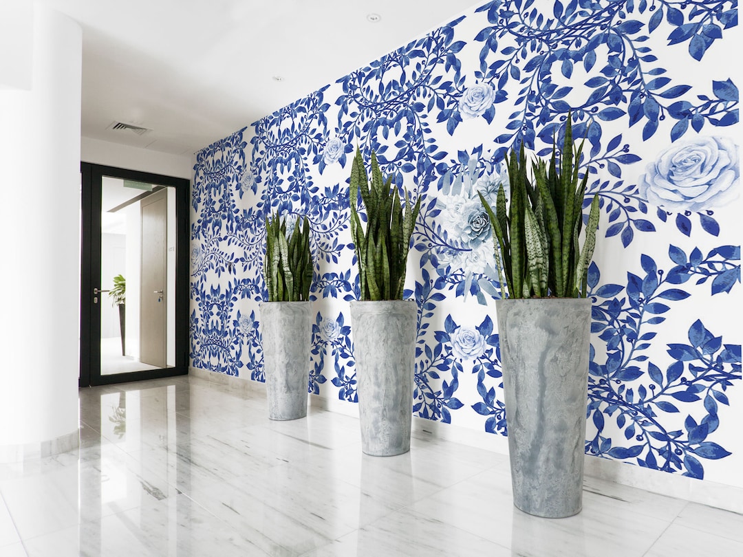 Ribbon of Flowers in French Molding, Blue Wallpaper, Floral Pattern ...