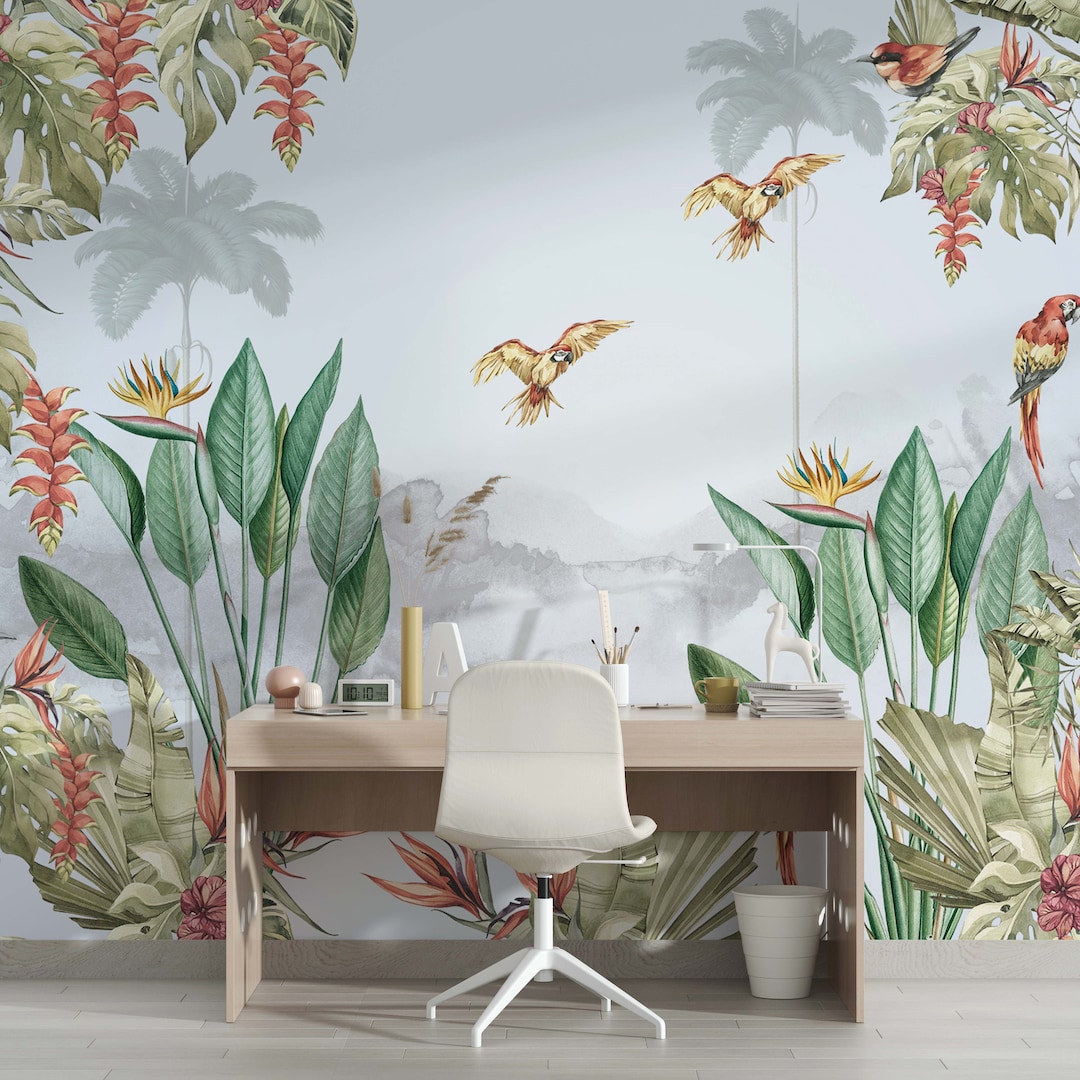 Plants and Birds Wallpaper - Forest Scene Wall Decor - Leaves Wall ...
