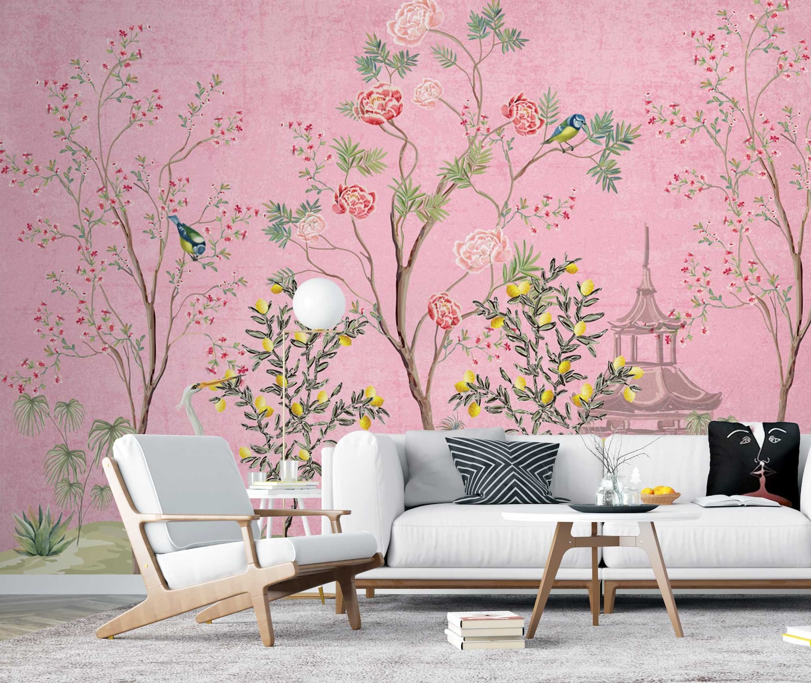 Chinese Décor in Pink Japanese Wallpaper lemon Tree Wall - Etsy